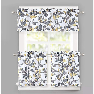 DriftAway 3 Piece Kitchen Curtains with Valance and Tier Sets Yellow Floral Branch Farmhouse Light Filtering 24 Inch Kitchen Window Curtains Over Sink for Bathroom Living Room