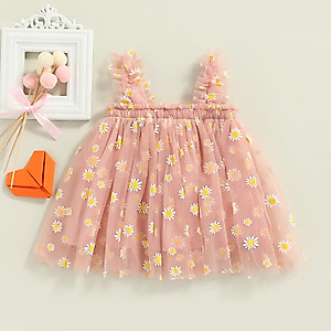 Toddler Baby Girl Daisy Tulle Dress Infant Sleeveless Layered Tutu Dress Pink 6-12 Months