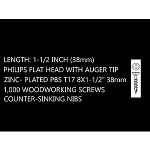 (1,000 Screws) #8 1-1/2" Screws 8x1-1/2 inch 38mm Woodworking Screws #2 Philips Phillips Flat Head Wood Screws Auger Point Deep Thread Countersinking Nibs Zinc Plated PBS T17 Cabinets + Interior