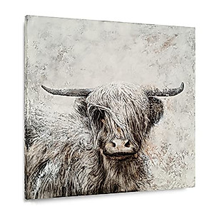 Yihui Arts Highland Cow Canvas Wall Art Hand Painted Lovely Wild Animal Oil Paintings Grey and White Rustic Pictures Yak Artwork for Farmhouse Living Room Bedroom Bathroom Decoration