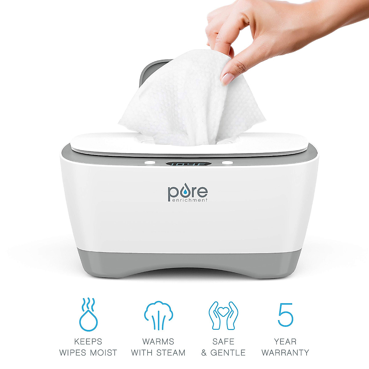 PureBaby™ Wipe Warmer with Digital Display - Easy-Feed Dispenser with 3 Heat Settings, LCD Display, 80 Wipe Capacity, Naturally Steam Heated for Comfort and Safety for Baby