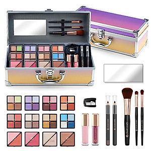 Color Nymph Beginner Makeup Kit For Girls With Train Case, Full Starter Cosmetics Makeup Set Included Included 32 Colors Eyeshadow, Bronzer, Contour Powder, Blush, Highlighter, Lip Gloss (Pink)