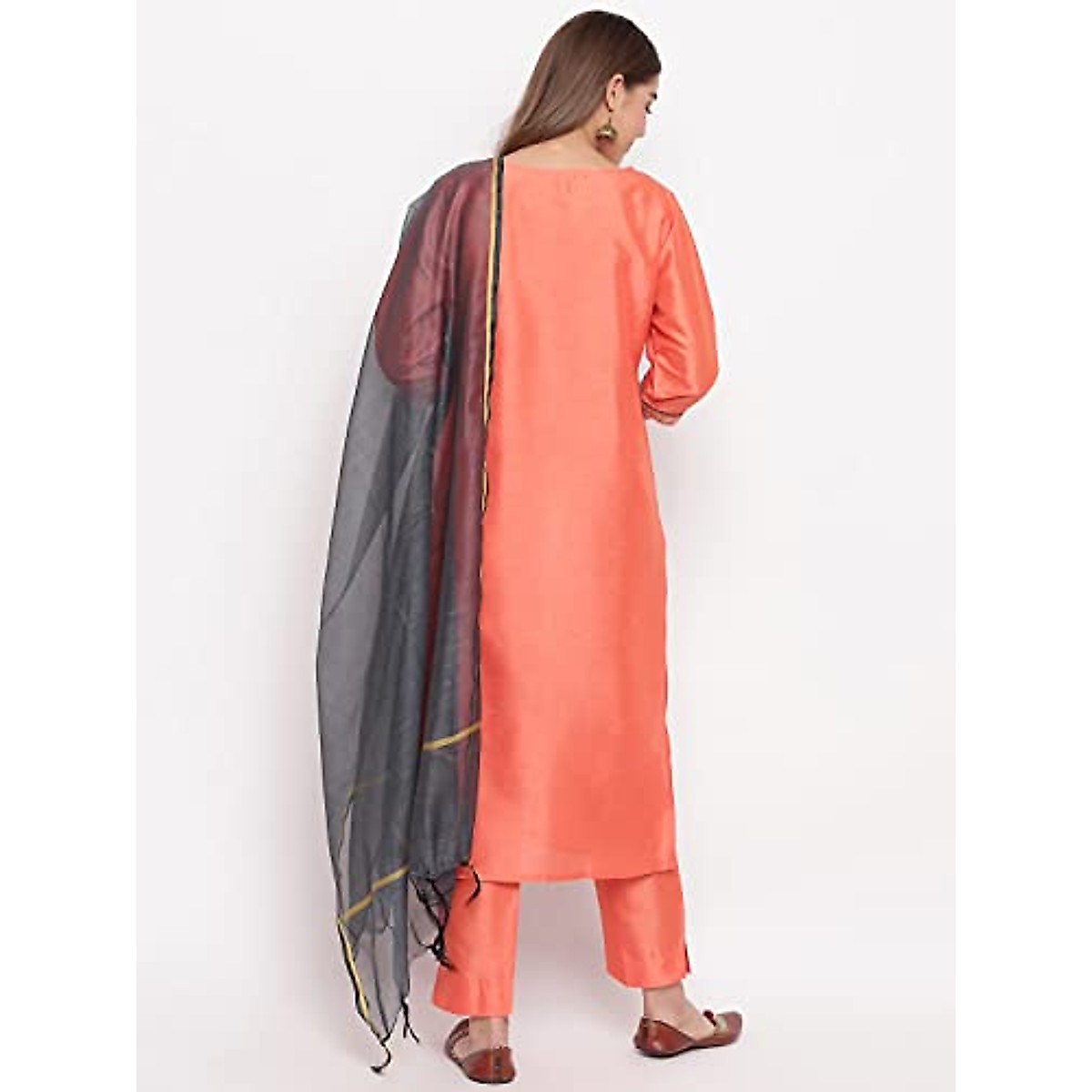 Janasya Indian Women's Peach Poly Silk Kurta with Pant and Dupatta(SET199-KR-NP-S)