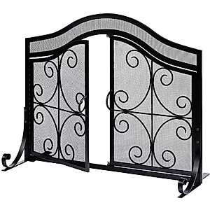 AMAGABELI GARDEN & HOME Fireplace Screen with Doors Large Flat Guard Fire Screens Outdoor Metal Furnace Fireguards Mesh Solid Wrought Iron Fire Place Panels Wood Burning Stove Accessories Black