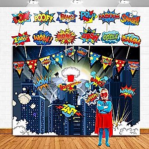 TMCCE Superhero Birthday Party Backdrop Supplies- Superhero Cityscape Photography Backdrop, 12 Superhero Photo Booth Props for Kids Superhero Birthday Party Decorations