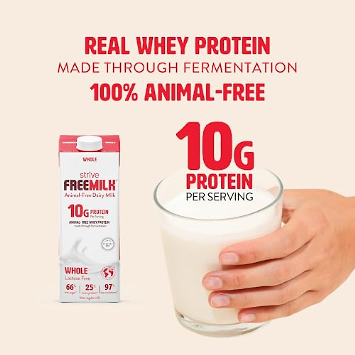 Strive FREEMILK, Animal-Free Dairy Milk, 32 oz Carton (Pack of 6), Lactose Free, 10g Protein per Serving, Alt Milk, Shelf Stable, Precision Fermentation, Perfect Day
