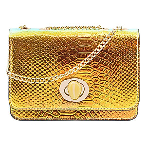 Gabrine Womens Evening Bag Holographic Snake Skin Leather Shoulder Bag Crossbody Bag with Detachable Chain, Yellow