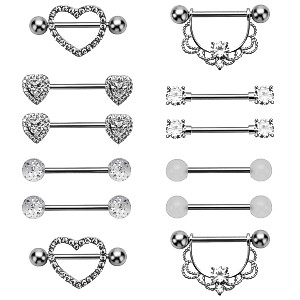 NASAMA Stainless Steel Acrylic Nipple Rings Tongue Ring CZ Barbell Heart-Shape Piercing Body Jewelry (6pair Steel color)