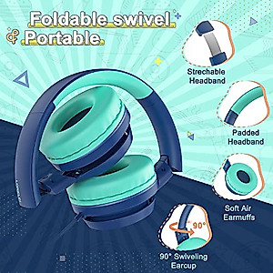 LORELEI E7 Kids Headphones with Microphone,On-Ear Wired Headset for Children/Boys/Girls,85/94dB Safe Volume 3.5mm Audio Jack Tangle-Free for School/iPad/Laptop/Travel (Blue&Green)