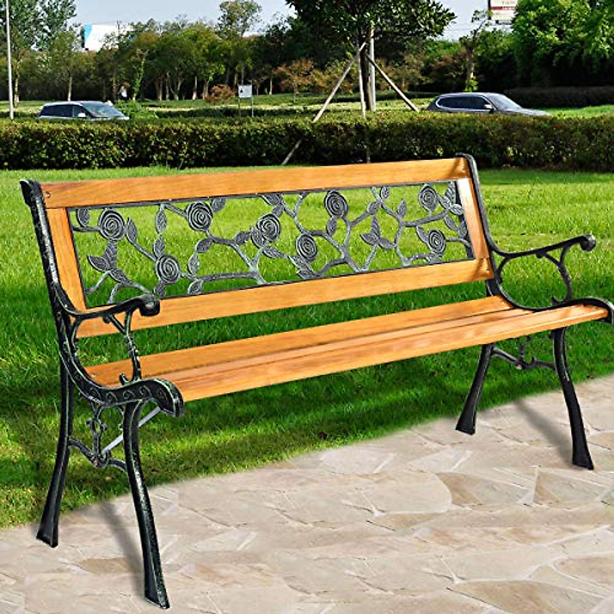 Tangkula Outdoor Garden Bench Park Bench, Patio Iron Bench Chair with Cast Iron & Hardwood Structure, Weather Proof Porch Loveseat, Perfect for Backyard, Deck, Lawn, Poolside