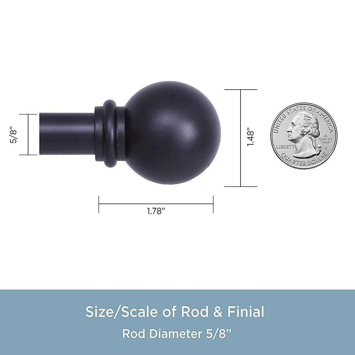 Kenney KN71606 Chelsea Ball End Standard Decorative Window Curtain Rod, 28-48" Adjustable Length, Black Finish, 5/8" Diameter Steel Tube, 2-Pack