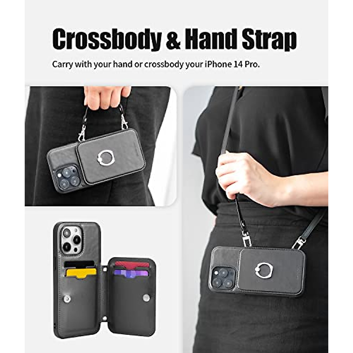 GOOSPERY Rich-Fit iPhone 14 Pro Crossbody Wallet Case for iPhone 14 Pro Case [Strap Included] with Card Holder Lanyard Magnetic Clasp [Kickstand Ring] Heavy Duty Protection, Black