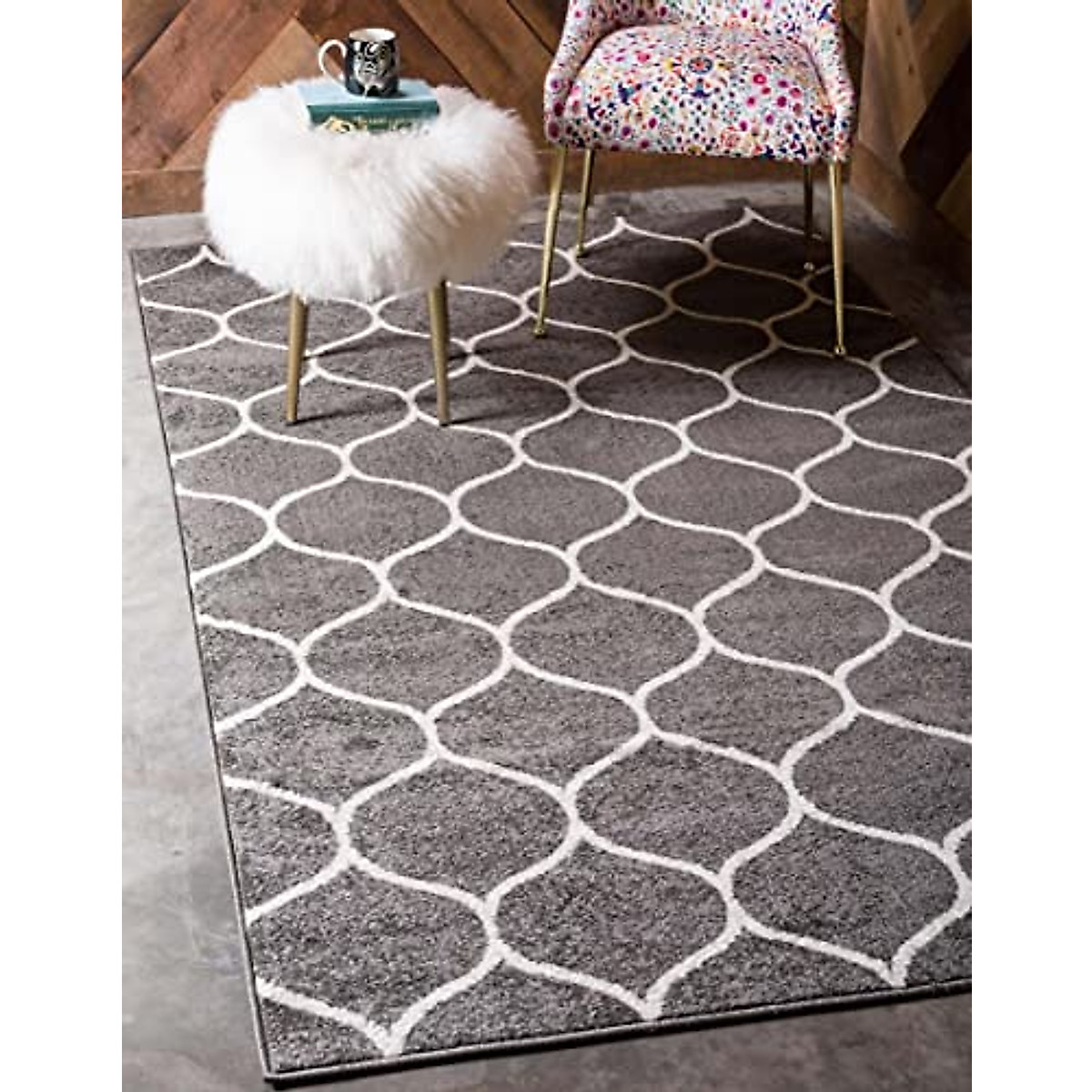 Unique Loom Trellis Frieze Collection Area Rug - Rounded (5' 1" x 8', Dark Gray/ Ivory)