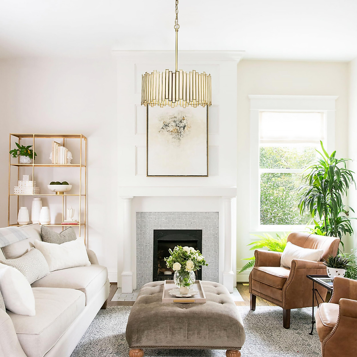 Wrlmfy Gold Drum Chandelier 4-Light, Modern Drum Pendant Lighting Fixture with Tiffany Glass Shade, 16” Round Ceiling Hanging Light for Bedroom Dining Room Kitchen Entryway Living Room (gold)