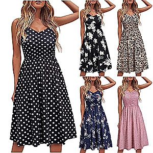 wodcke Women's 2021 Boho Plus Size Dress With Tight Belt Retro Print Sleeveless Sling Beach Dress Loose Maternity Dress (Brown, XL)