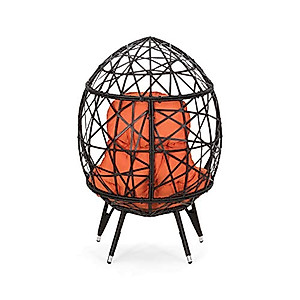 Great Deal Furniture Doris Outdoor Wicker Teardrop Chair with Cushion, Brown and Orange