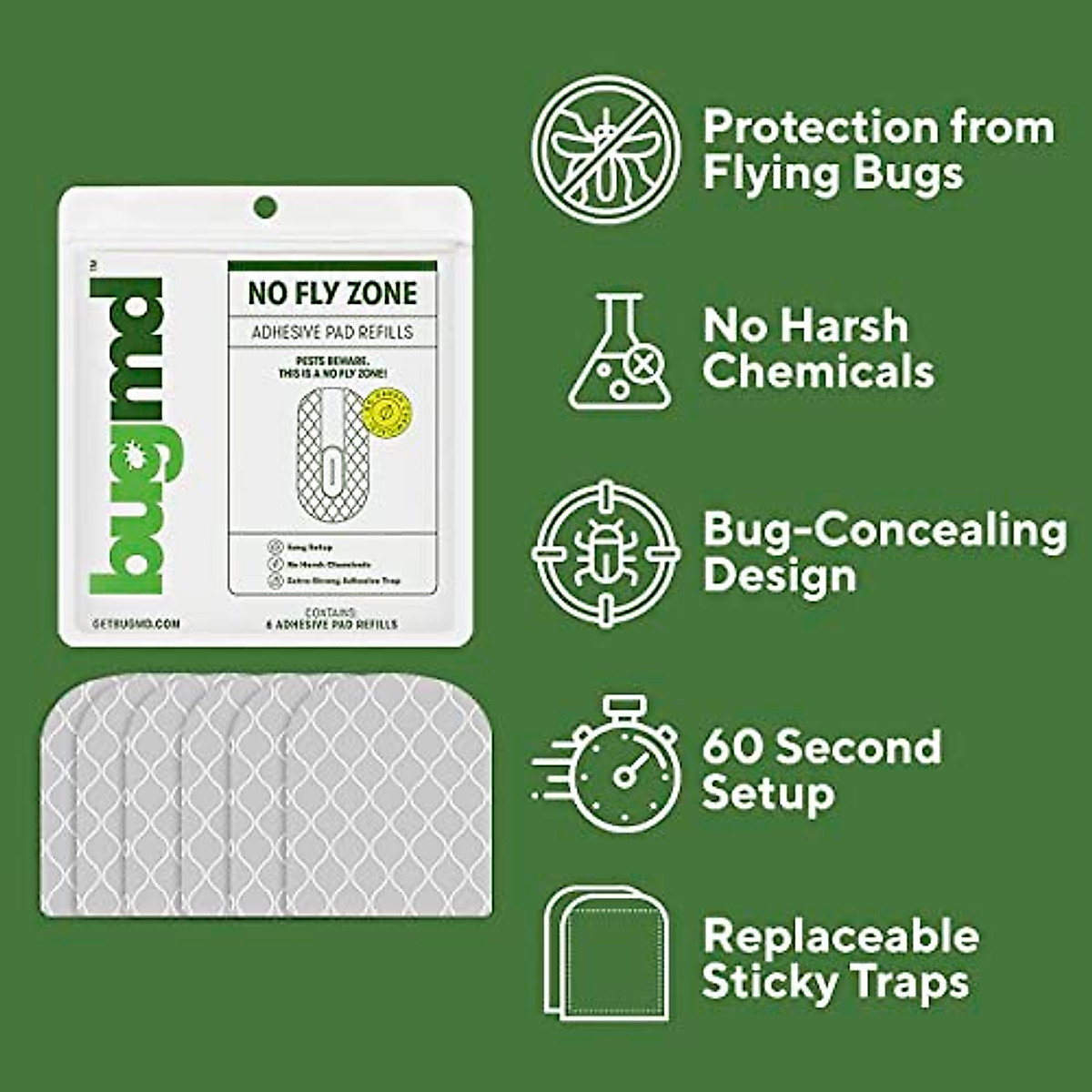 BugMD No Fly Zone Refiller Pad (6 Pads) - Extra-Strong Adhesive Traps, Indoor Insect Trap Refill, No Harsh Chemicals, Household Friendly, Fly Trap Refill, Flea Trap Refills, Bug Trapper