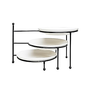HPC Decor 3 Tiered Serving Stand w/White Porcelain Plates- Foldable Swivel Food Display Stand for Party Buffet-Dessert Display Server- 10in Tier Serving Trays with Black Metal Stand for Entertaining