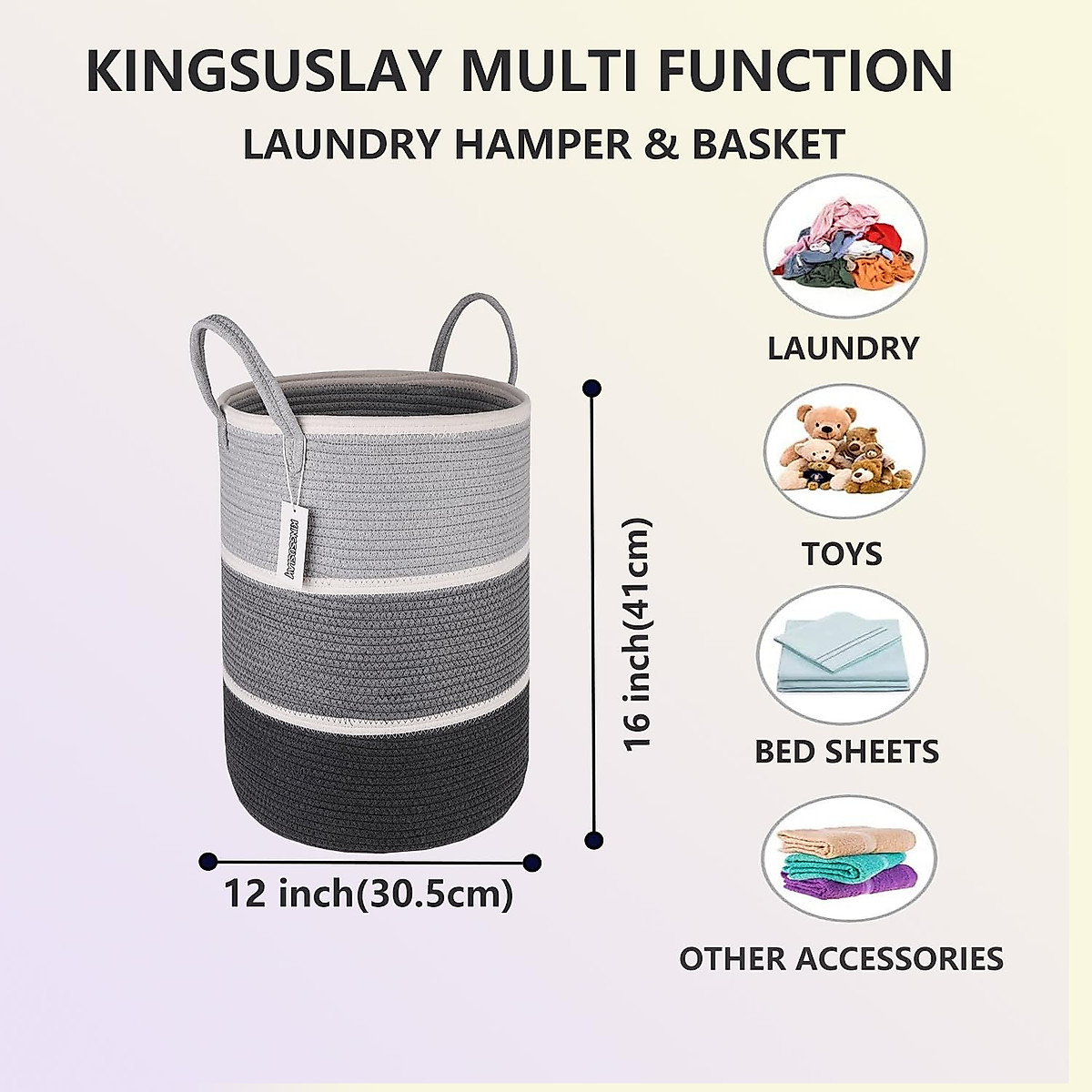KINGSUSLAY Laundry Hamper, Laundry Basket,Tall Woven Baskets for Blanket storage,Toys,Pillows, Christmas Gifts, Extra Large Nursery Hampers for Laundry(Grey with White-12"x16" Inch)