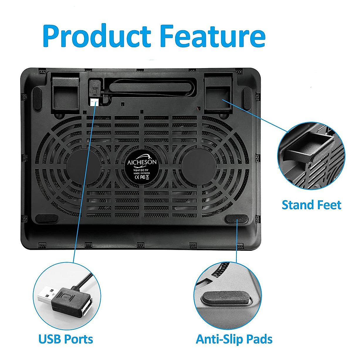 AICHESON Laptop Cooling Pad 2 1000RPM Fans Portable Computer Cooler, Blue LEDs, S007