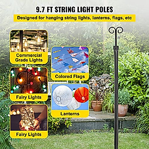 VEVOR String Light Poles, 2 Pack 9.7 FT, Outdoor Powder Coated Stainless Steel Lamp Post with Hooks to Hang Lantern and Flags, Decorate Garden, Backyard, Patio, Deck, for Party and Wedding, Black