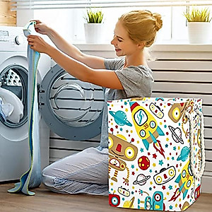 Laundry Hamper Cute Robot Pattern Collapsible Laundry Baskets Firm Washing Bin Clothes Storage Organization for Bathroom Bedroom Dorm
