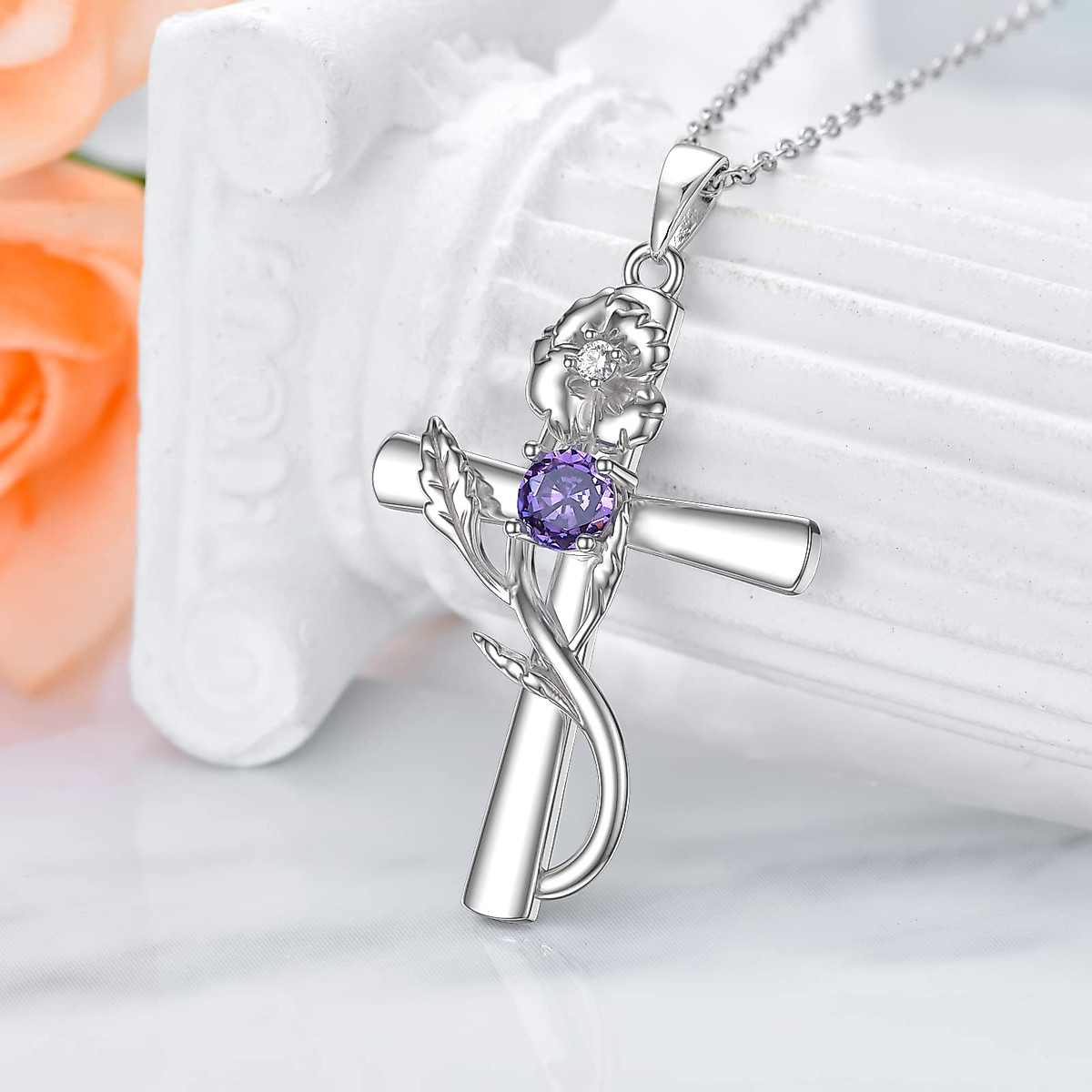TOUPOP Cross Necklace 925 Sterling Silver February Birth Flower Necklace Religious Pendant with Birthstone Faith Christian Jewelry Birthday Gifts for Women Mom Wife Grandma
