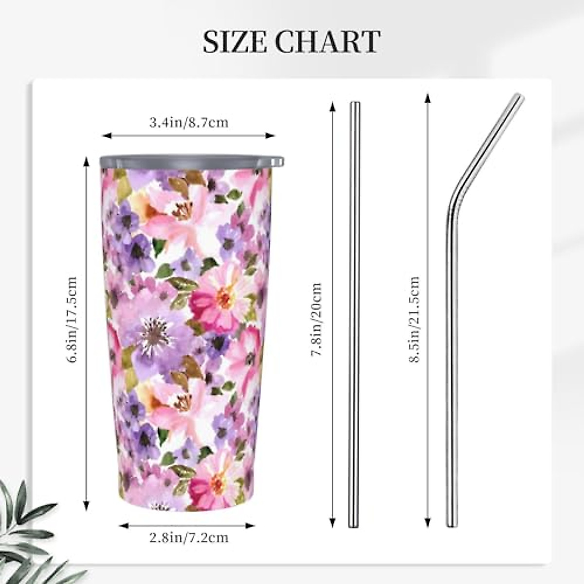 20oz Tumbler Watercolor Flower Pattern Double Wall Vacuum Insulated Coffee Mug with Lid and Metal Straw Brush Reusable Stainless Steel Water Bottle Travel Cup Gifts for Car Ice Drinks Hot Beverage