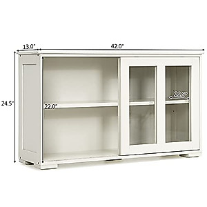 Costzon Kitchen Sideboard, Antique Stackable Storage Cabinet with Height Adjustable Shelf, Sliding Door Window, Wooden Cupboard Server Buffet Console Table for Home Dining Room Entryway (Cream White)