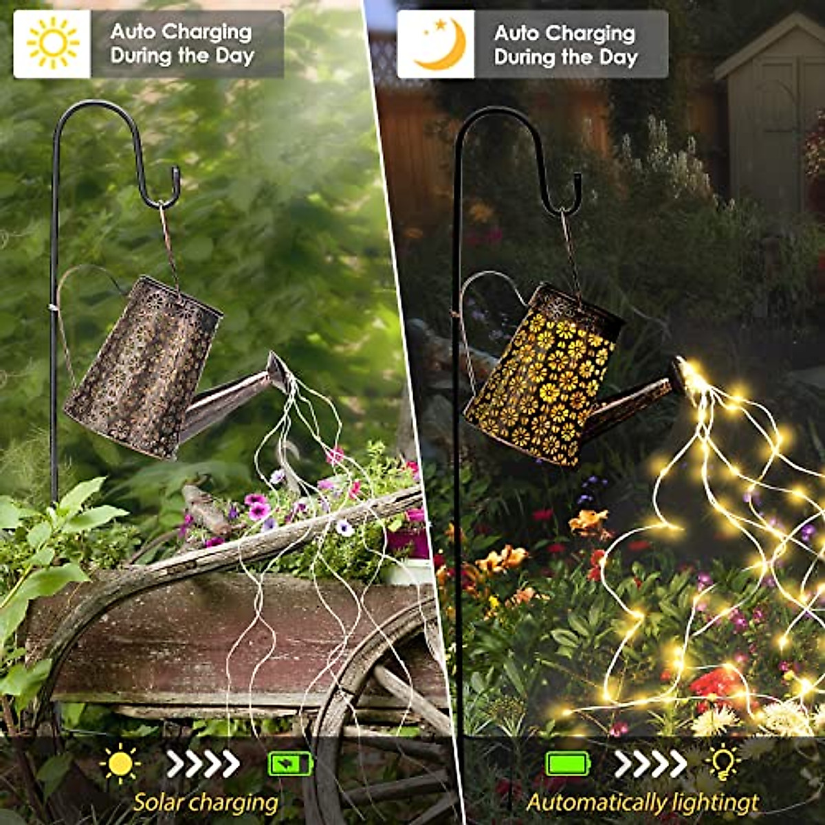 PoCare Watering Can Lights Solar Powered, 90 LEDs Retro Metal Kettle Lights Garden Decor Hanging Waterproof Solar Lights for Outdoor Pathway Yard Lawn Patio Party Decorations with Hook