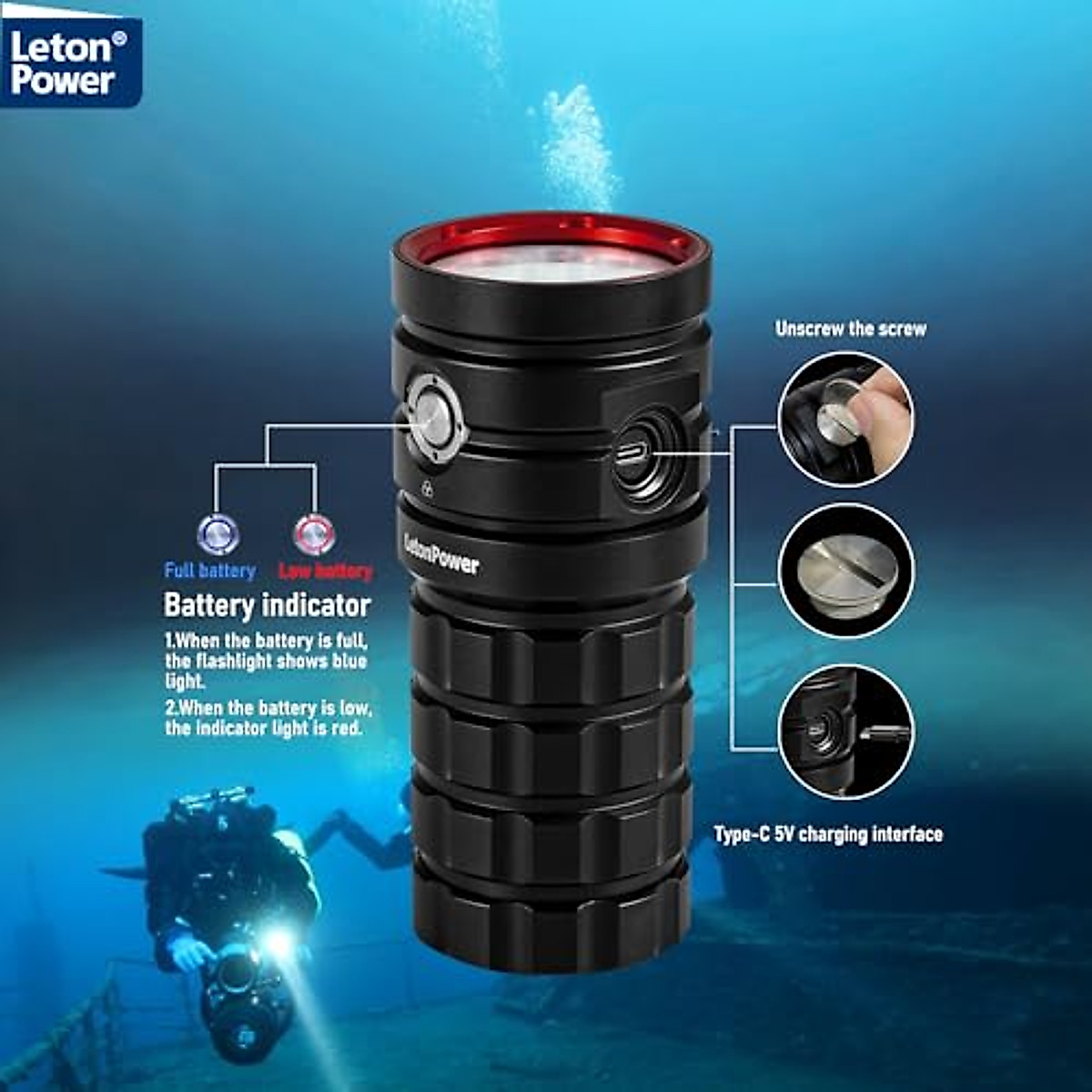 LetonPower Turbo S Pro Dive Light, 13000Lumens 100m Underwater Video Light,Diving Flashlight,Waterproof Flashlight with Type-C Charging for Professional Under Water Sports