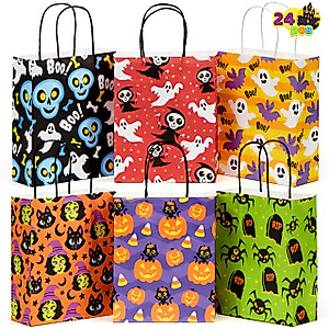 JOYIN 24 Pcs Halloween Goodie Bags with Handles, Paper Trick or Treating Gift Bag Bulk in 6 designs for Halloween Treat Party Favor, Halloween Colored Candy Bags for Party Supplies