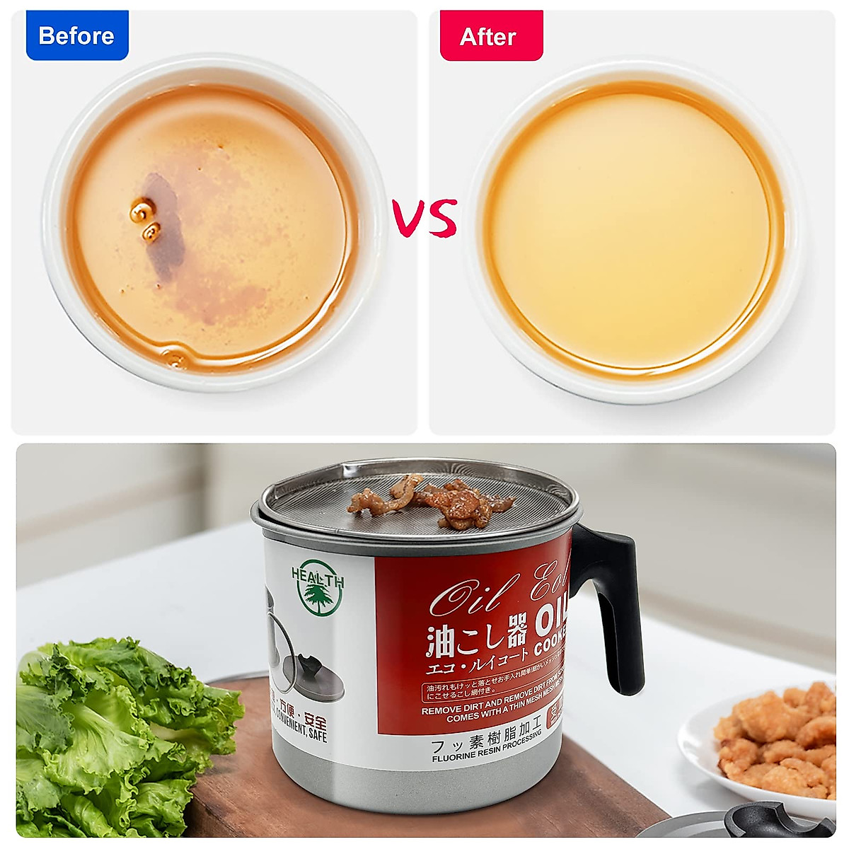PARACITY Bacon Grease Container with Fine Strainer and Dust-proof Lid, 1.2L/ 41OZ Cooking Oil Container/Can/Pot for Kitchen Meat Frying Oil and Cooking Grease Storage