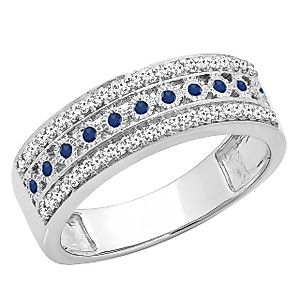 Dazzlingrock Collection Round Blue Sapphire & White Diamond Ladies Anniversary Triple Row Thick Fancy Wedding Band | 10K White Gold, Size 7