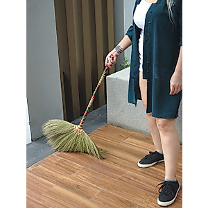 Asian Thai Handmade Broom ONE Piece Selected at Random for Sweeping Natural Grass & Wood Handle Corn Broom + 100% Calico Cotton Duster Cover (Various Styles and Colours as Pictured)