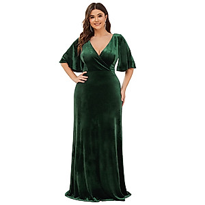 Ever-Pretty Women's Trumpet Short Sleeve Plus Size Velvet Formal Dinne Party Dress Dark Green US18