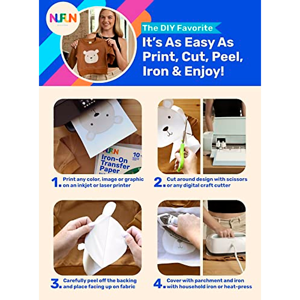 NuFun Activities Printable Iron-on Heat Transfer Paper for T Shirts, Dark Fabrics, 5 Sheets 8.5 x 11 inch, Long Lasting, Durable, Professional Quality, Easy DIY, Non-Toxic, Made In the USA