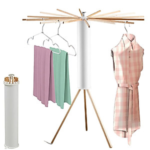 GOTOTOP Clothes Drying Rack, Cypress Wood Folding Clothes Airer Octopus Clothesline Rack Tripod Washing Line with 16 Hanging Bars for Home Indoor Outdoor 40kg Capacity