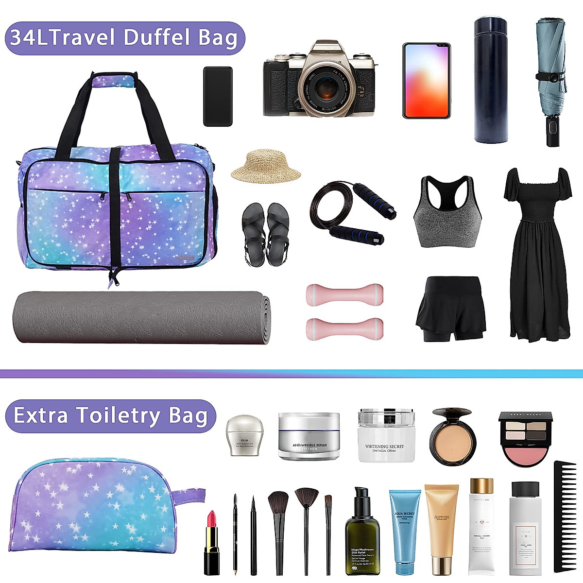 Hp hope Gym Bag for Women, Weekender Bag 34L Carry on Bag for Women, Overnight Bag with Wet Pocket and Shoes Compartment for Women, Travel, Gym, Yoga (Purple)