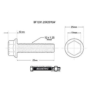 (5pcs) BelMetric M12X1.25X25mm JIS Hex Head Flange Bolt 17mm Wrench, Class 10.9 Plated Yellow Zinc for Automobile, Motorcycle, and Mechanical Applications BF12X1.25X25YLW