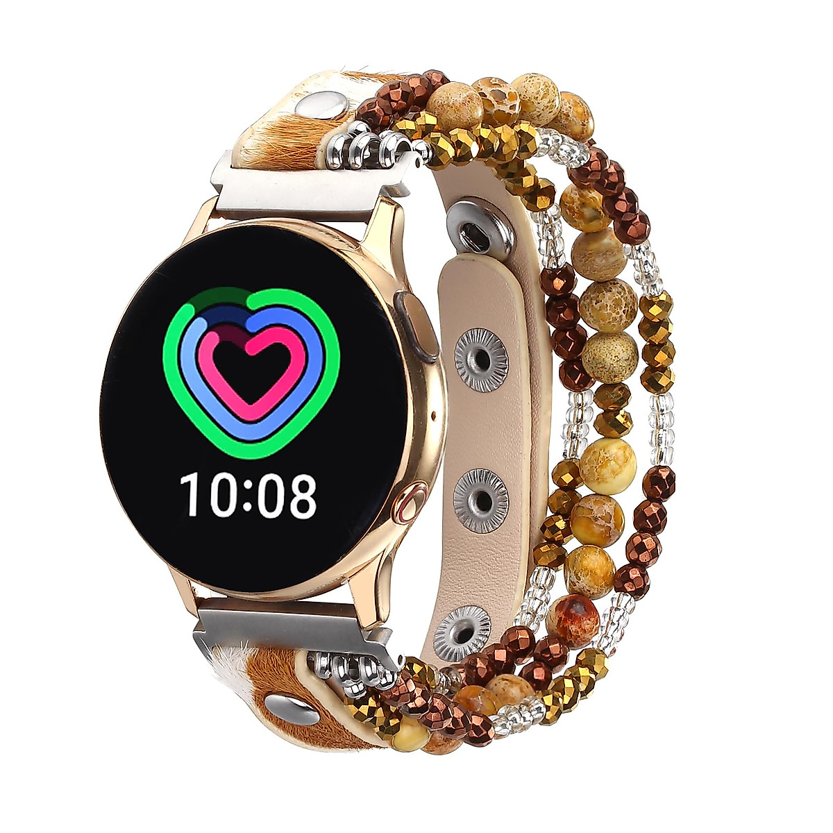 BOKIIWAY Handmade Leopard Leather Beaded Boho Watch Bracelet Band Compatible with Samsung Galaxy-Huawei -Garmin-Fossil- /20mm/22mm-Bohemian Stone Watch Strap for Women (22mm, Green Jasper)