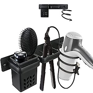 Hoteelee Hair Dryer Holder Wall Mounted,Bathroom Hair Tool Organizer for Blow Dryer Hair Straightener Bedroom Hanger Rack Aluminum Space Saving Storage Bracket with Plug Hook & Cup (Black)