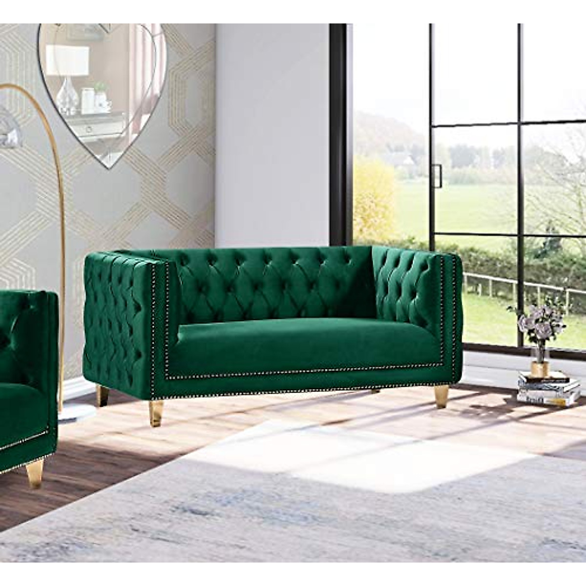 Meridian Furniture 652Green-L Michelle Collection Modern | Contemporary Loveseat with Deep Button Tufting, Nailhead Trim and Sturdy Gold Iron Legs, 66" W x 34" D x 30" H, Green