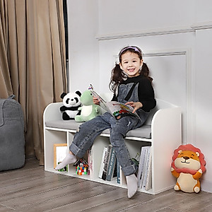 MOMCAYWEX Kids Bookshelf with Reading Nook, Toddler Bookshelf with Soft Grey Cushion, 4-Cube, White