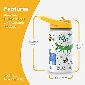 BOZ Kids Water Bottle for School with Straw Lid, Stainless Steel Insulated Water Bottle for Kids, Toddler Water Bottle, Leak Proof Water Bottle for Kids and Toddlers, 14 oz (414ml) (Safari)