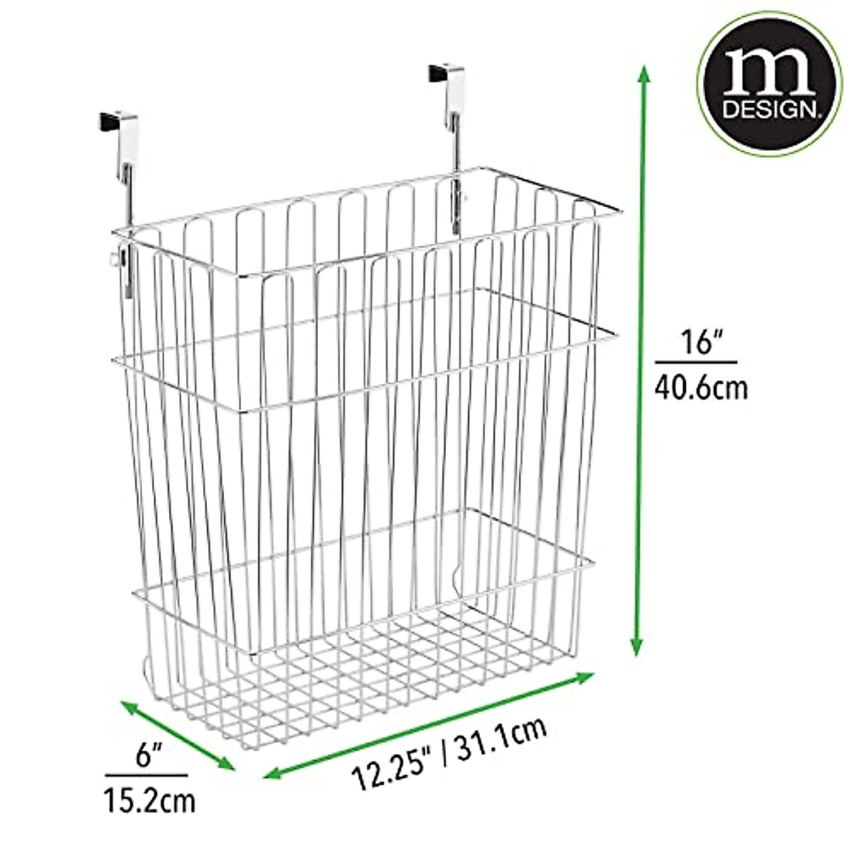 mDesign Steel Metal Wire Hanging Over Door Kitchen Storage Organizer Basket/Trash Can - Hangs Over Cabinet Doors for Bags, Tin Foil, Wax Paper, Saran Wrap - Concerto Collection - 2 Pack - Chrome