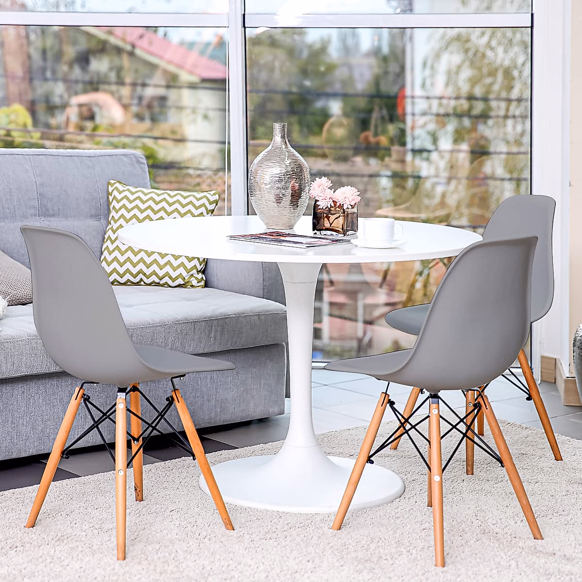 Lifetime Home Mid-Century Modern Dining Chairs Set of 2 - DSW Boho Style Plastic Chair for Living Room Bedroom Office Table Kitchen - Shell Lounge Chair with Wood Legs - Gray