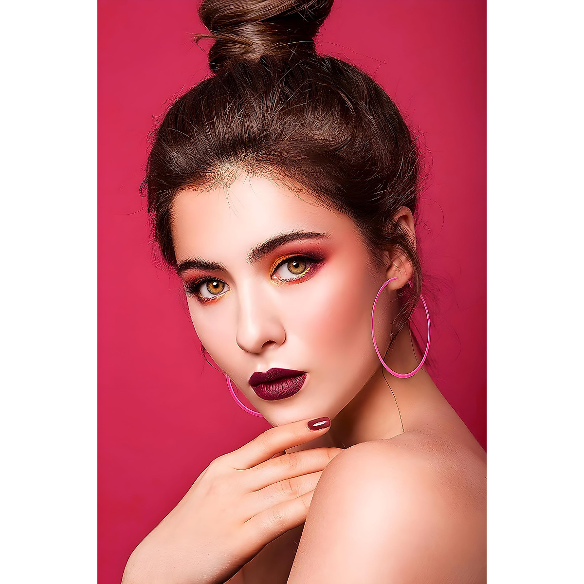 IDB Classic Stainless Steel Big Hoop Earrings - 2.32" x 2.48" x 0.07" (59x63x2mm) - Multiple Colors to choose from (Hot Pink)