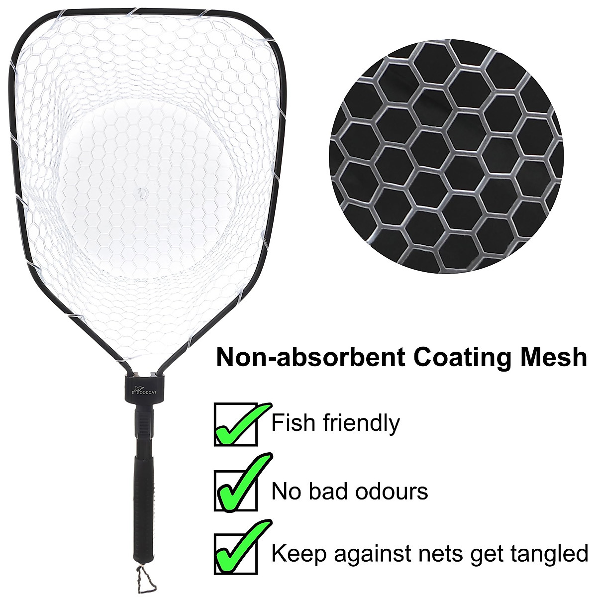 GOODCAT Fly Fishing Net, Bass Trout Landing Net, Folding Fishing Nets Fresh Water, Safe Fish Catching or Releasing, Fly Fishing net Magnetic Release (A:Square-Extend Length:24.6")