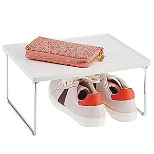 mDesign Metal Stacking Storage Organization for Shelves Inside Closet in Bedroom, Bathroom, Hall, or Entryway - Organizer Stand for Clothing, Linen, Household Items, Ligne Collection, 2 Pack, White